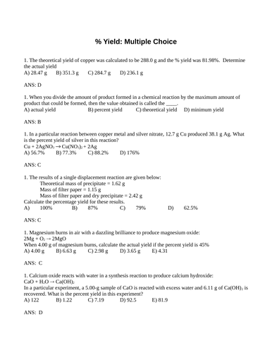 STOICHIOMETRY multiple choice questions and short answer questions (60 ...