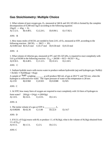 GASES UNIT MULTIPLE CHOICE WITH ANSWERS Gas Laws, Theory, Gas ...
