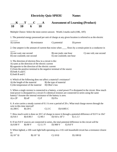 ELECTRICITY QUIZZES Voltage Power Current Grade 11 Physics Quiz SPH3U ...