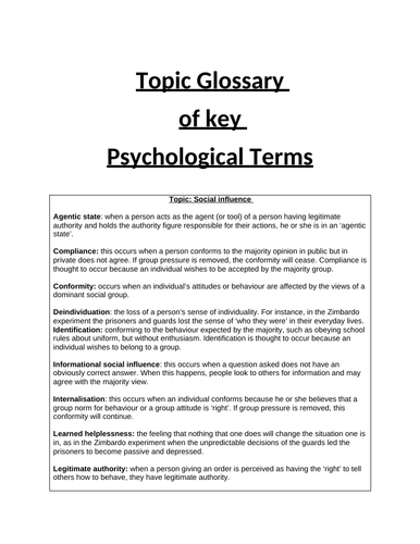 AQA A-level Psychology Glossary of key terms for each topic. | Teaching Resources