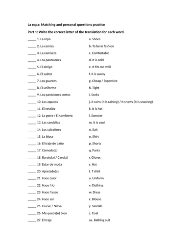 La ropa: Matching and personal questions practice | Teaching Resources