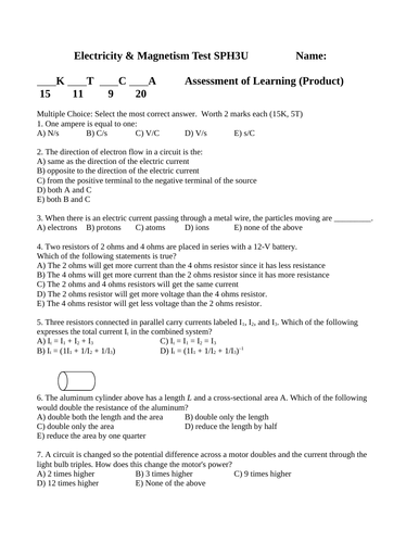 ELECTRICITY and MAGNETISM TEST Grade 11 Physics SPH3U Test WITH ANSWERS ...