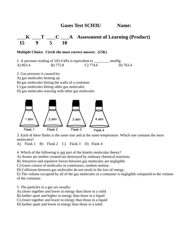 4 GAS UNIT CHEMISTRY TESTS WITH ANSWERS Grade 11 Chemistry SCH3U gases ...