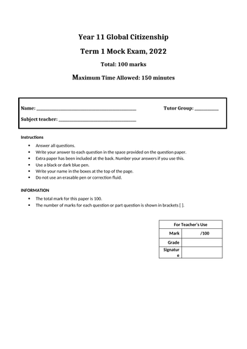 IGCSE Global Citizenship Mock Exam 1 | Teaching Resources