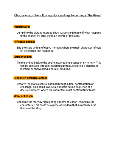 The Giver Chapter 23 - How would you end the story? | Teaching Resources