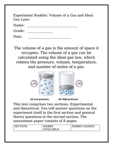 EXPERIMENT BOOKLET VOLUME OF GASES AND IDEAL GAS LAW | Teaching Resources
