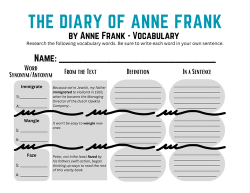 The Diary of Anne Frank Vocabulary Packet | Teaching Resources