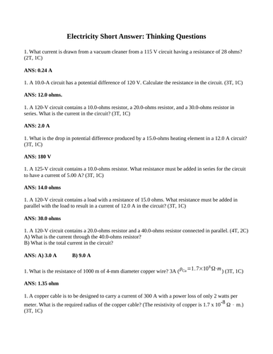ELECTRICITY UNIT Short Answer Grade 11 Physics Current, Voltage ...