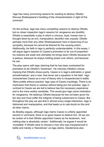 A Level Literature Cambridge essay: Iago's reasons for destroying Othello | Teaching Resources