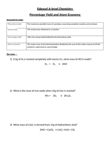 A level Percentage yield and atom economy lesson | Teaching Resources