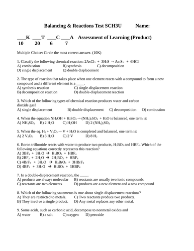 4 CHEMICAL REACTIONS TESTS Balancing Equations Chemistry Test WITH ...