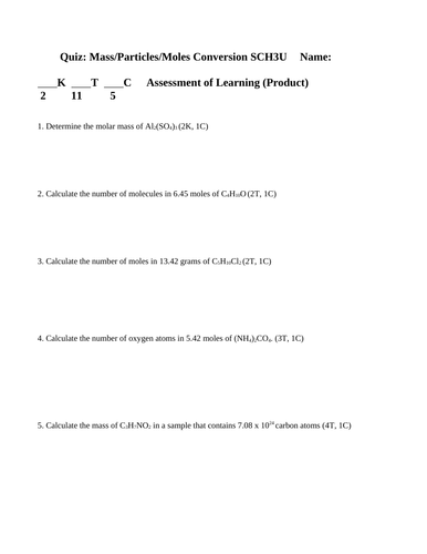 4 MOLE QUIZZES SCH3U Chemistry Quizzes Converting Between Mole, Mass ...