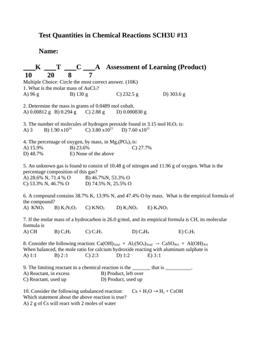 CHEMISTRY TEST Stoichiometry, % Composition, Moles Test SCH3U WITH ...