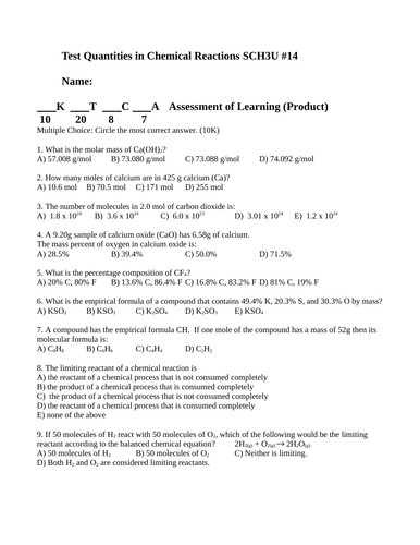 STOICHIOMETRY CHEMISTRY TEST Moles, % Composition, SCH3U Test WITH ...