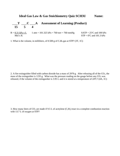 4 CHEMISTRY QUIZZES Ideal Gas Law and Gas Stoichiometry Quizzes WITH ...