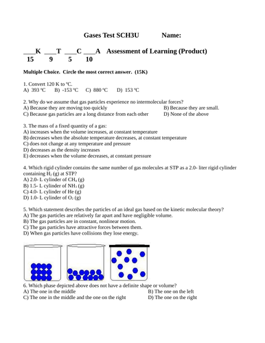 4 GAS UNIT CHEMISTRY TESTS WITH ANSWERS Grade 11 Chemistry SCH3U gases ...