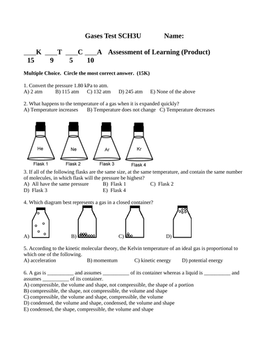 CHEMISTRY UNIT TEST GASES Grade 11 Chemistry Gases Test WITH ANSWERS ...