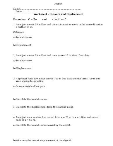 Distance and Displacement Worksheet | Teaching Resources
