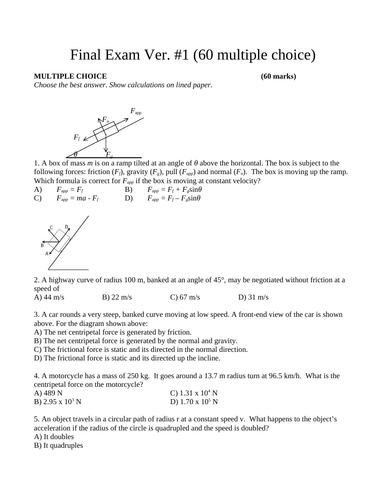 PHYSICS FINAL EXAM Grade 12 Physics Exam SPH4U 60 M.C. WITH ANSWERS #1 ...