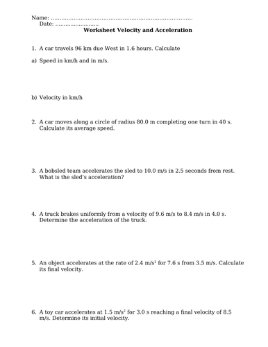 Velocity and Acceleration Worksheet | Teaching Resources