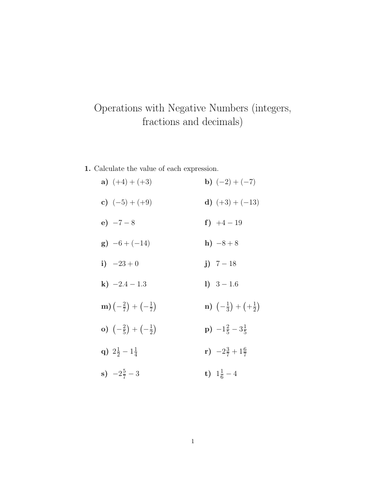 Operations with Negative Numbers (integers, fractions and decimals ...