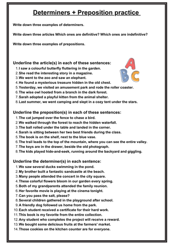 Determiners + Prepositions + Articles Worksheet | Teaching Resources