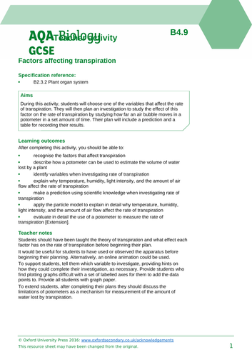 B4.8 Evaporation and transpiration | Teaching Resources