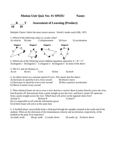 6 KINEMATICS UNIT PHYSICS QUIZZES Grade 11 Physics Motion Quizzes WITH ...