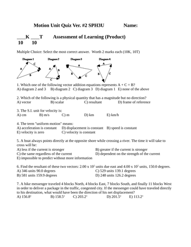 6 KINEMATICS UNIT PHYSICS QUIZZES Grade 11 Physics Motion Quizzes WITH ...
