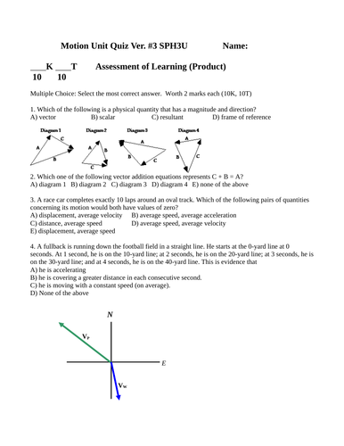 6 KINEMATICS UNIT PHYSICS QUIZZES Grade 11 Physics Motion Quizzes WITH ...