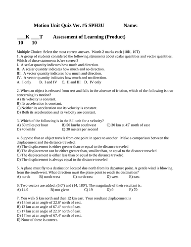 6 KINEMATICS UNIT PHYSICS QUIZZES Grade 11 Physics Motion Quizzes WITH ...