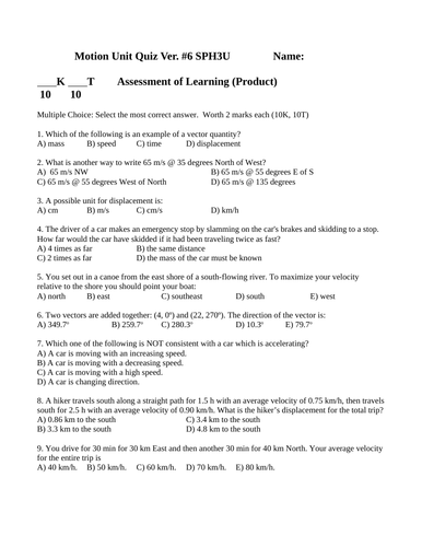 6 KINEMATICS UNIT PHYSICS QUIZZES Grade 11 Physics Motion Quizzes WITH ...