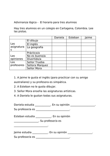 Spanish Logic Puzzle: teachers, subjects, opinions | Teaching Resources