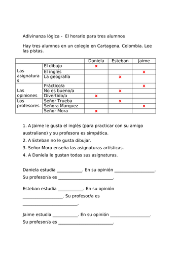 Spanish Logic Puzzle: teachers, subjects, opinions | Teaching Resources