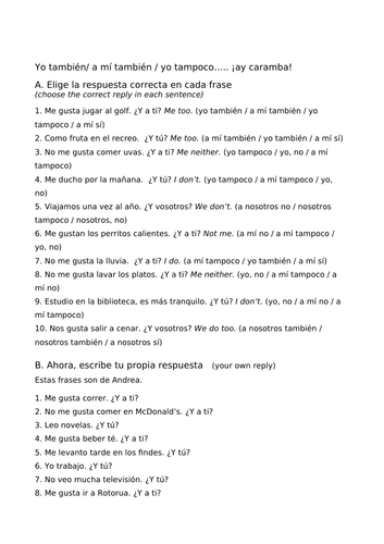 Yo también, yo tampoco hoja de trabajo | Teaching Resources