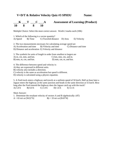 4 RELATIVE VELOCITY PHYSICS QUIZZES V=D/T, Vectors, Speed, Distance ...