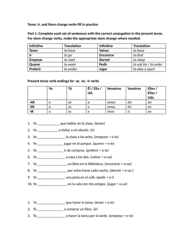 Tener, Ir, and stem change verbs fill in practice | Teaching Resources