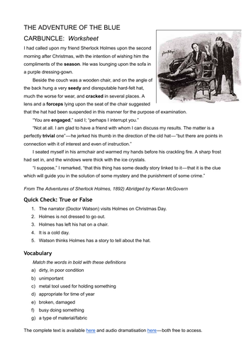 Sherlock Holmes - Adventure of Blue Carbuncle | Teaching Resources