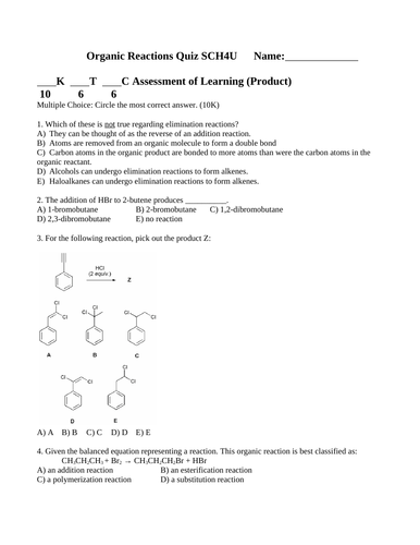 3 ORGANIC REACTION QUIZZES Chemistry quizzes WITH ANSWERS Addition ...