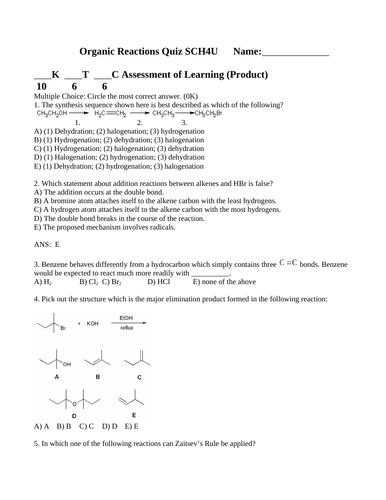 3 ORGANIC REACTION QUIZZES Chemistry quizzes WITH ANSWERS Addition ...