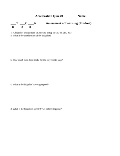 PHYSICS ACCELERATION QUIZ WITH ANSWERS Linear Acceleration UALM ...