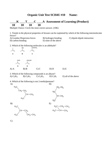ORGANIC CHEMISTRY NAMING & ORGANIC REACTIONS TEST WITH ANSWERS SCH4U ...
