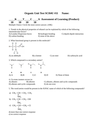 3 ORGANIC CHEMISTRY TESTS WITH ANSWERS Naming Drawing Reactions Isomers ...