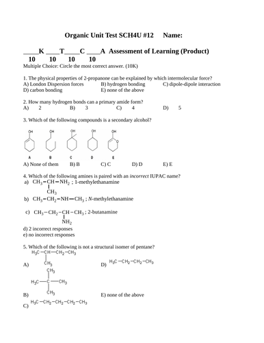 SCH4U TEST ORGANIC CHEMISTRY WITH ANSWERS Reactions Naming Isomers ...