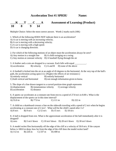 KINEMATIC EQUATIONS TEST WITH ANSWERS Acceleration, Motion Projectiles ...