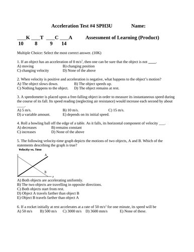 ACCELERATION PHYSICS TEST WITH ANSWERS Kinematic Equations Changing ...
