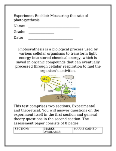 Experiment Booklet Measuring The Rate Of Photosynthesis Teaching Resources