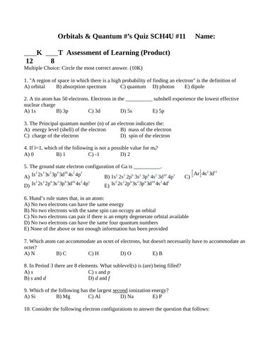 3 CHEMISTRY QUIZZES SCH4U Orbitals, Electron Configurations and Quantum Numbers WITH ANSWERS ...