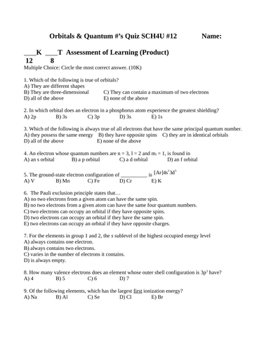 3 CHEMISTRY QUIZZES SCH4U Orbitals, Electron Configurations and Quantum ...