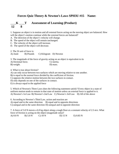 PHYSICS FORCES QUIZ (Newtons laws, Fnet = ma Friction, Weight) WITH ...